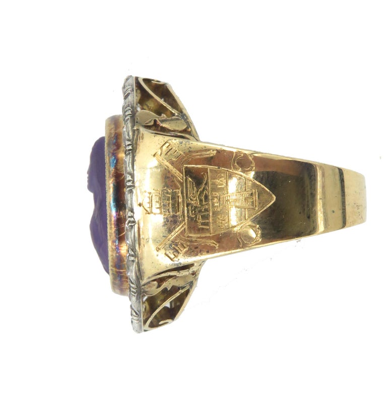 14 Karat Yellow Gold Carved Amethyst Cameo Paste Bishop’s Ring at 1stDibs