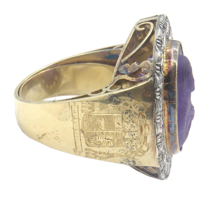 14 Karat Yellow Gold Carved Amethyst Cameo Paste Bishop’s Ring at 1stDibs
