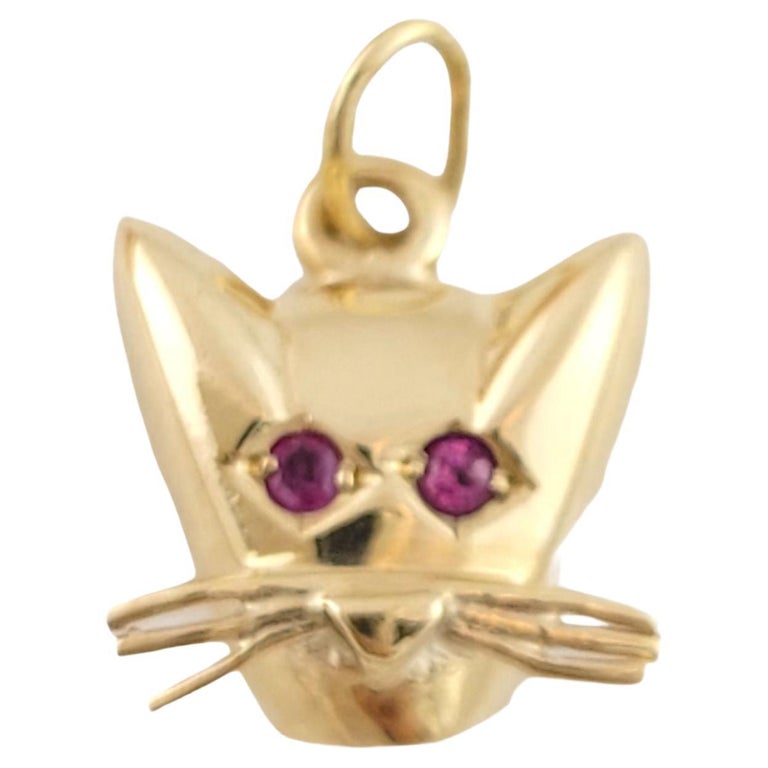 14K Yellow Gold Cat Charm With Pink Stone Eyes For Sale at 1stDibs