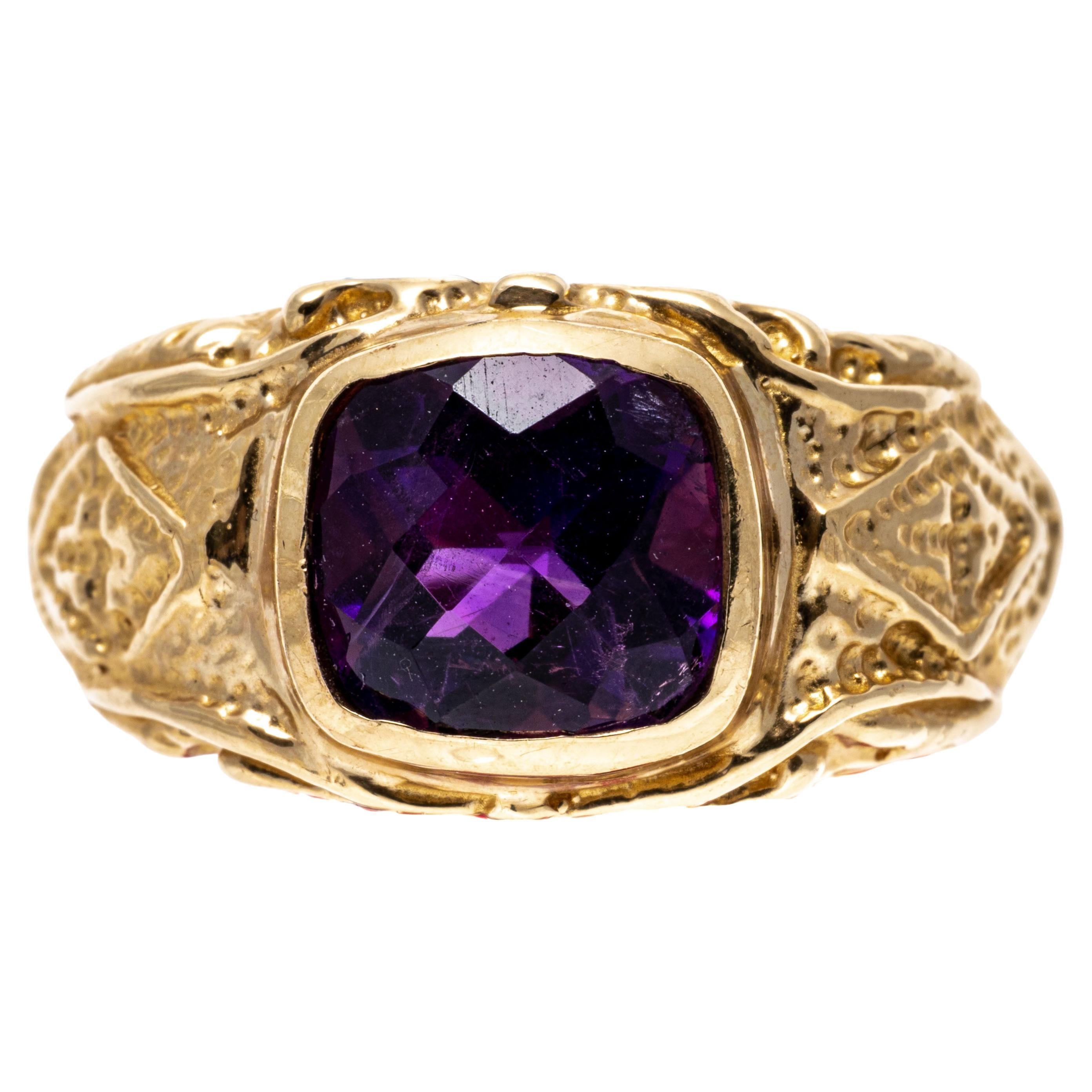 14k Yellow Gold Twisted Rope Three Stone Checkerboard Amethyst Ring For ...