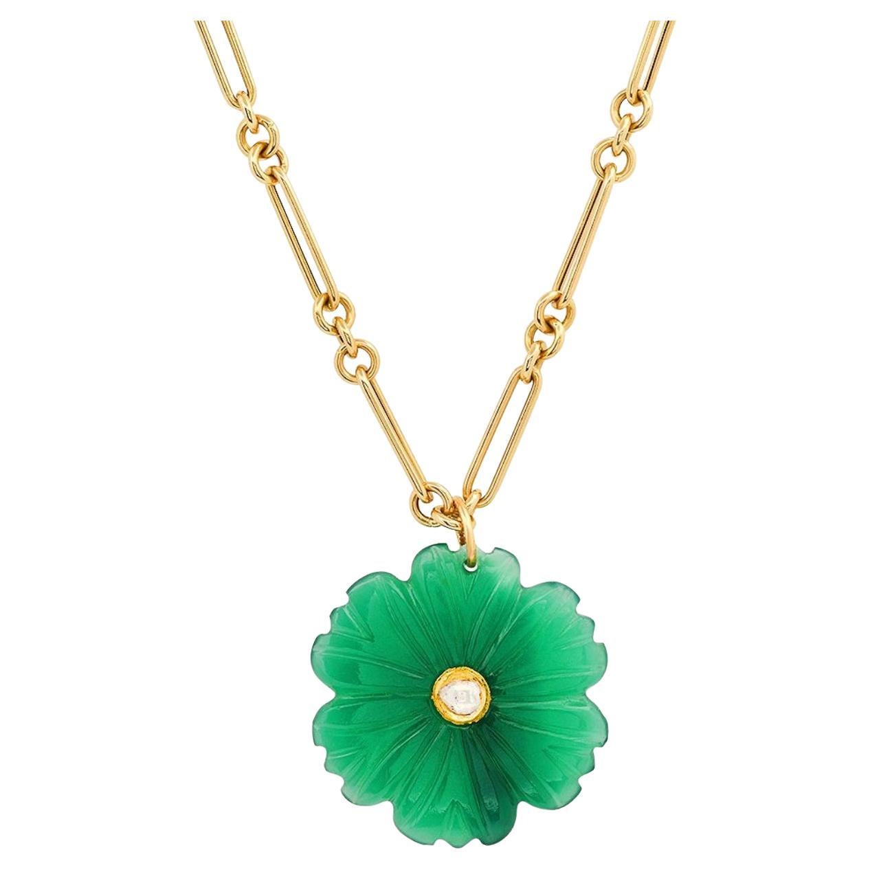 14k Yellow Gold Chrysoprase Flower Charm For Sale at 1stDibs