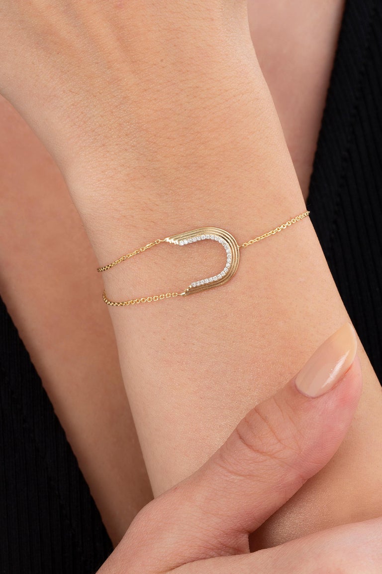 14K Yellow Gold Concave Arch Bracelet with Diamonds For Sale at 1stDibs