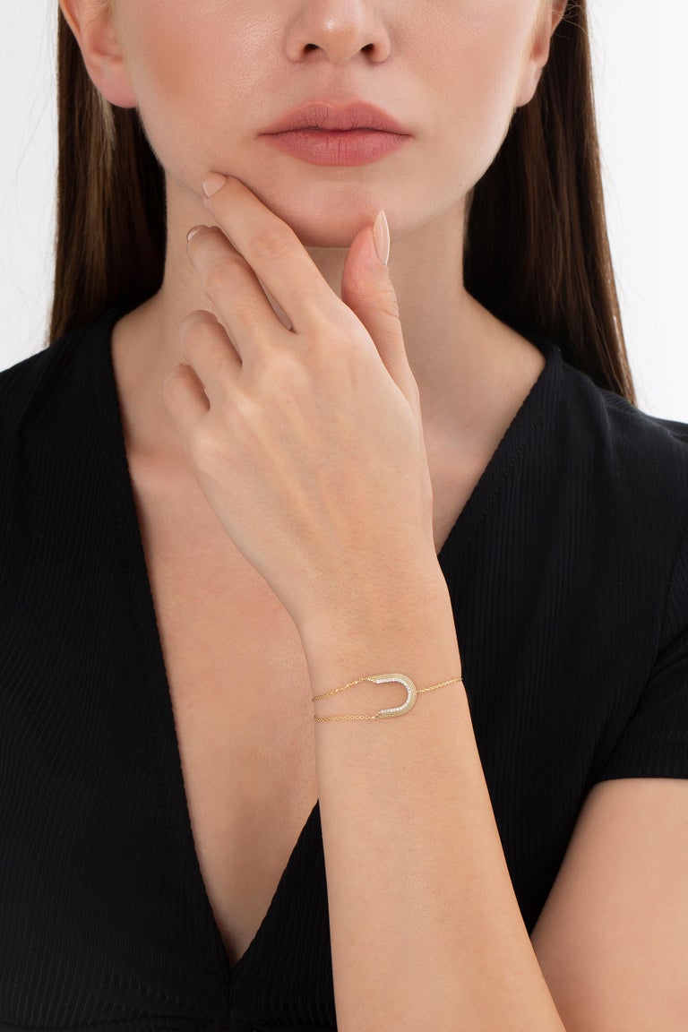 14K Yellow Gold Concave Arch Bracelet with Diamonds For Sale at 1stDibs