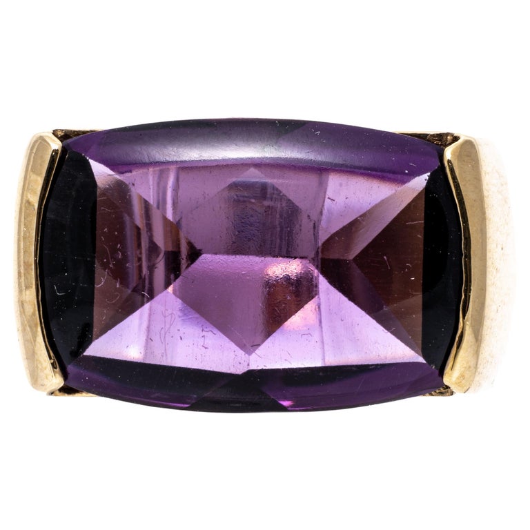 14k Yellow Gold Contemporary Large Mixed Cut Cushion Amethyst Ring For ...