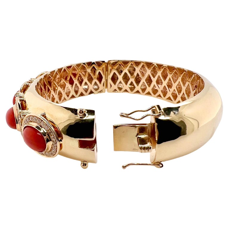14k Yellow Gold Coral and Diamond Handmade Bangle For Sale at 1stDibs