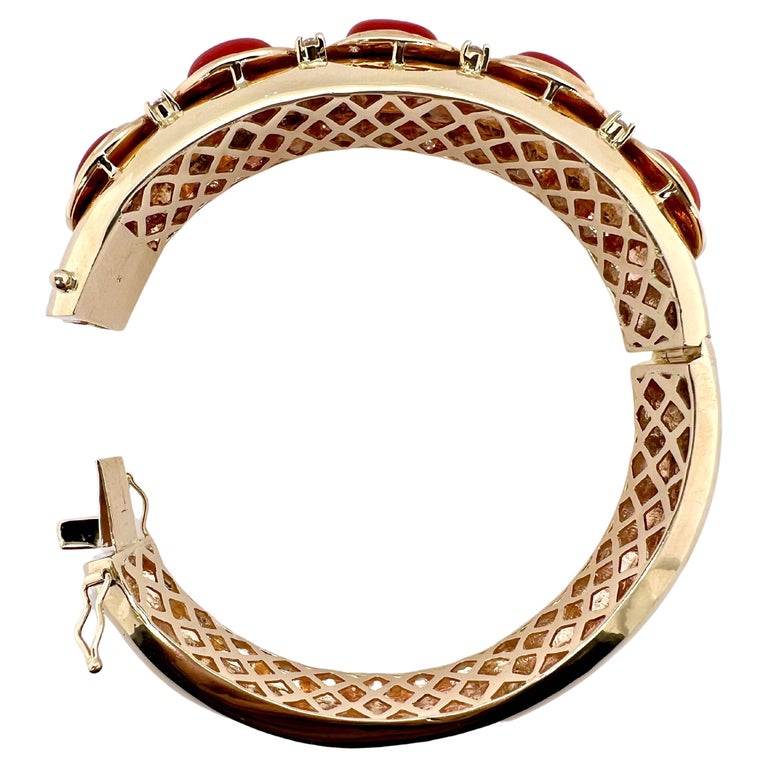 14k Yellow Gold Coral and Diamond Handmade Bangle For Sale at 1stDibs