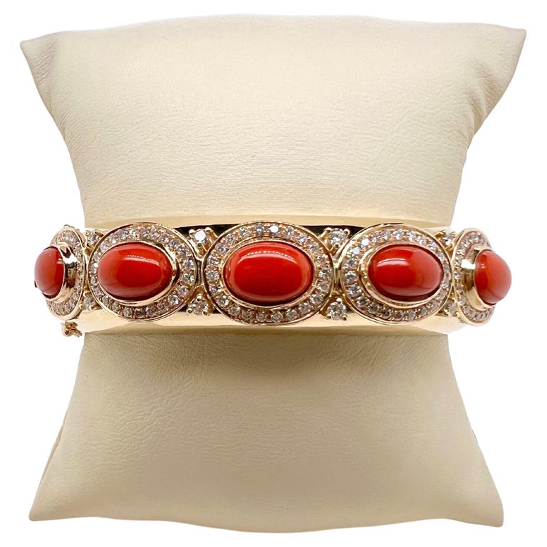 14k Yellow Gold Coral and Diamond Handmade Bangle For Sale at 1stDibs