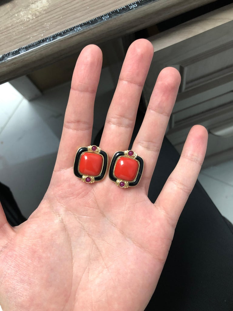 14 Karat Yellow Gold Coral Ruby Earrings For Sale at 1stDibs