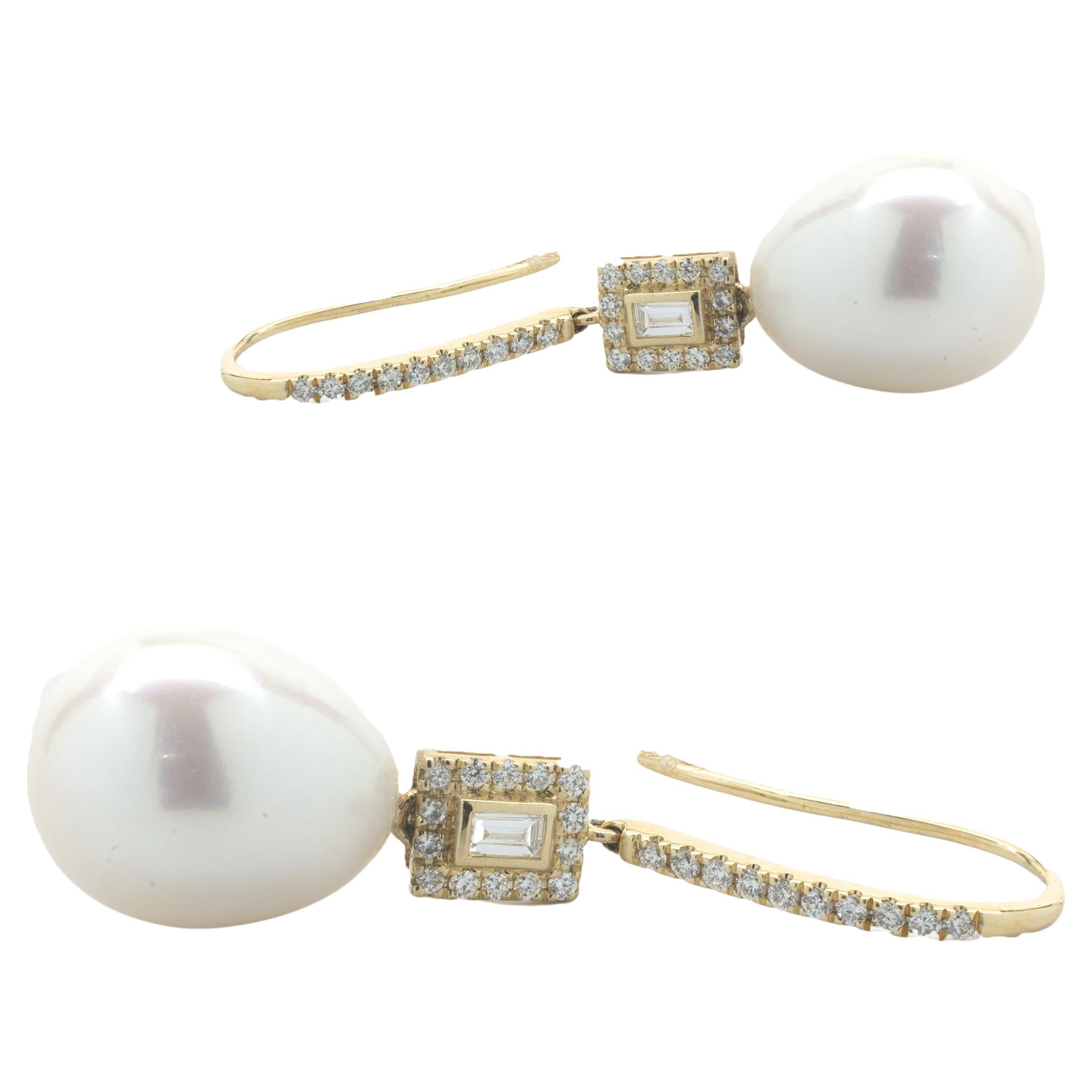 Large Button Pearl Earrings on Diamond Huggie Loops at 1stDibs