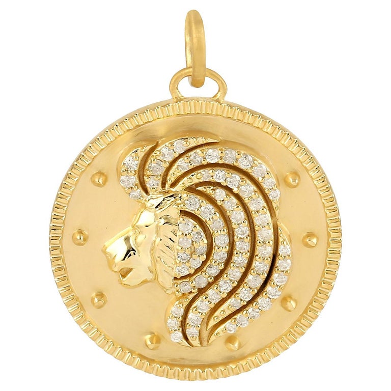 14k Yellow Gold Designer Leo Zodiac Charm Pendant with Natural Pave ...