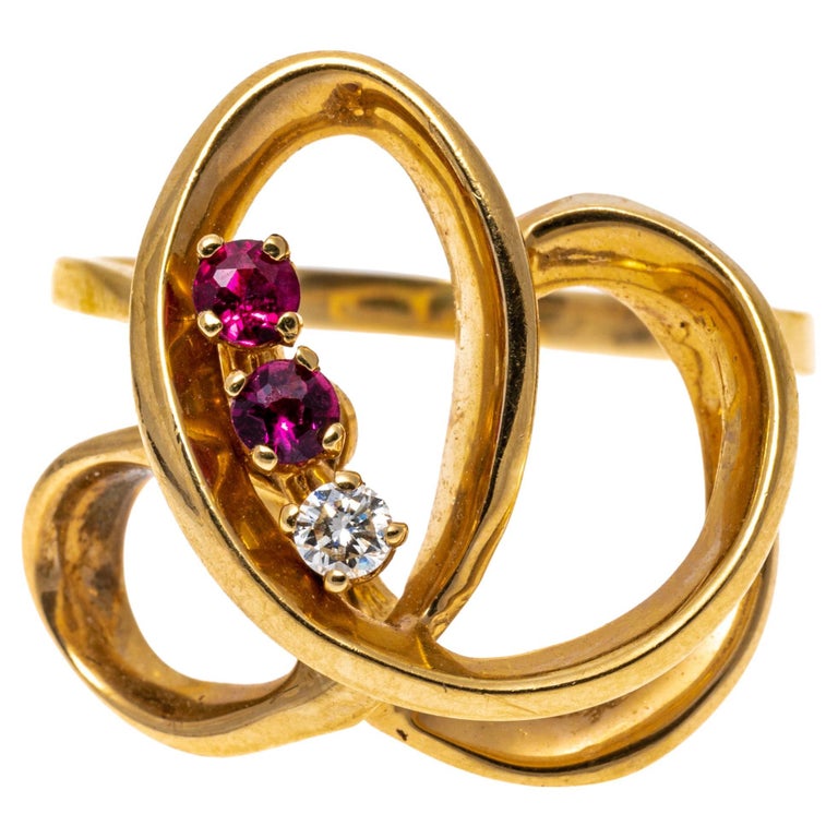 14k Yellow Gold Diamond And Ruby Accented Open Swirl Ring For Sale at ...