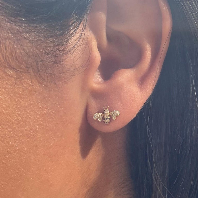 14K Yellow Gold Diamond Bumble Bee Stud Earrings for Her For Sale at 1stDibs