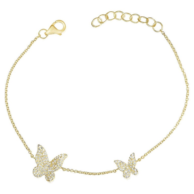 14K Yellow Gold Diamond Butterfly Chain Bracelet for Her For Sale at ...