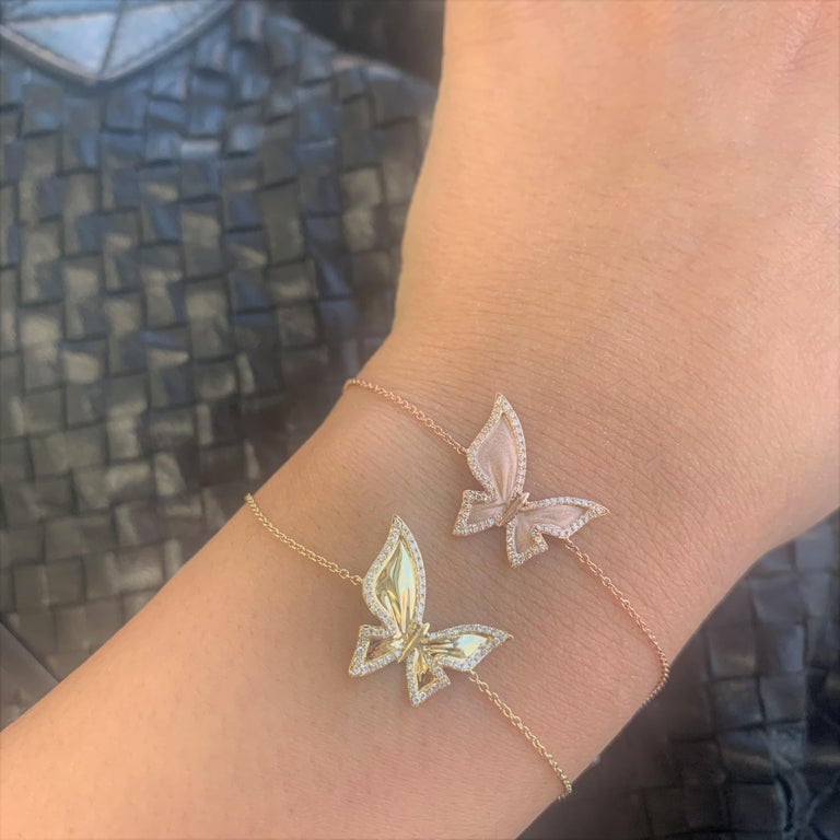 14K Yellow Gold Diamond Butterfly Chain Bracelet For Sale at 1stDibs