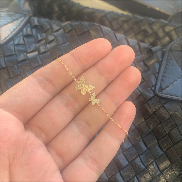 14K Yellow Gold Diamond Double Butterfly Chain Bracelet for Her For ...