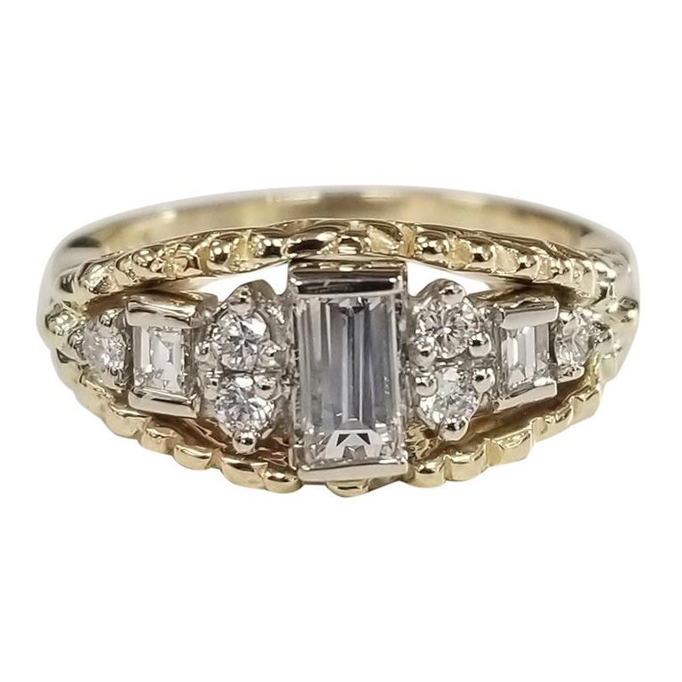 14k Yellow Gold Diamond Emerald Cut Diamond Ring with White Gold Insert ...