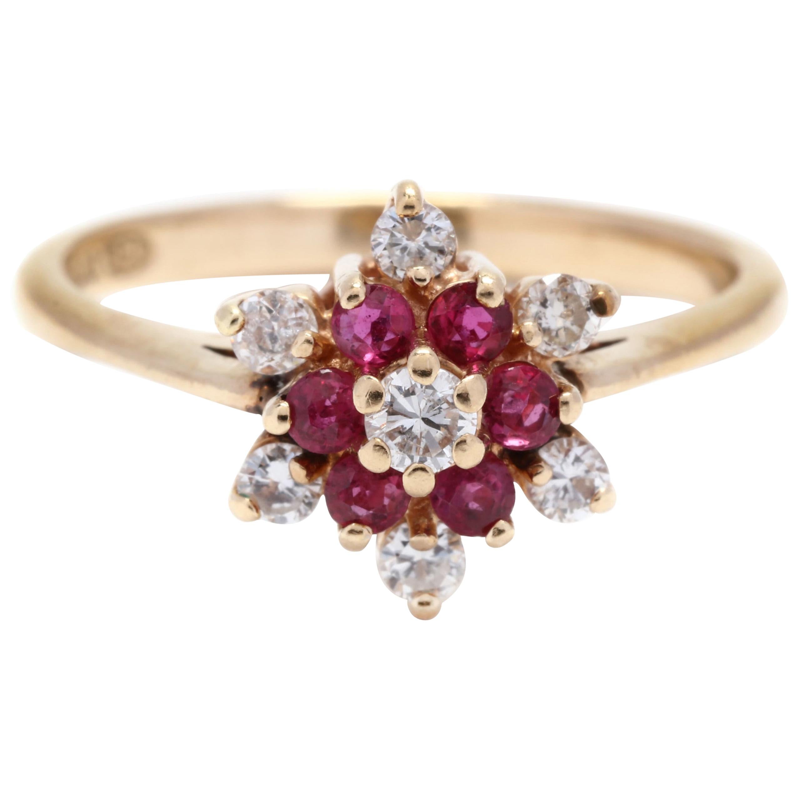 Marquise-Shaped Diamond Ruby Yellow Gold Cluster Ring For Sale at 1stDibs