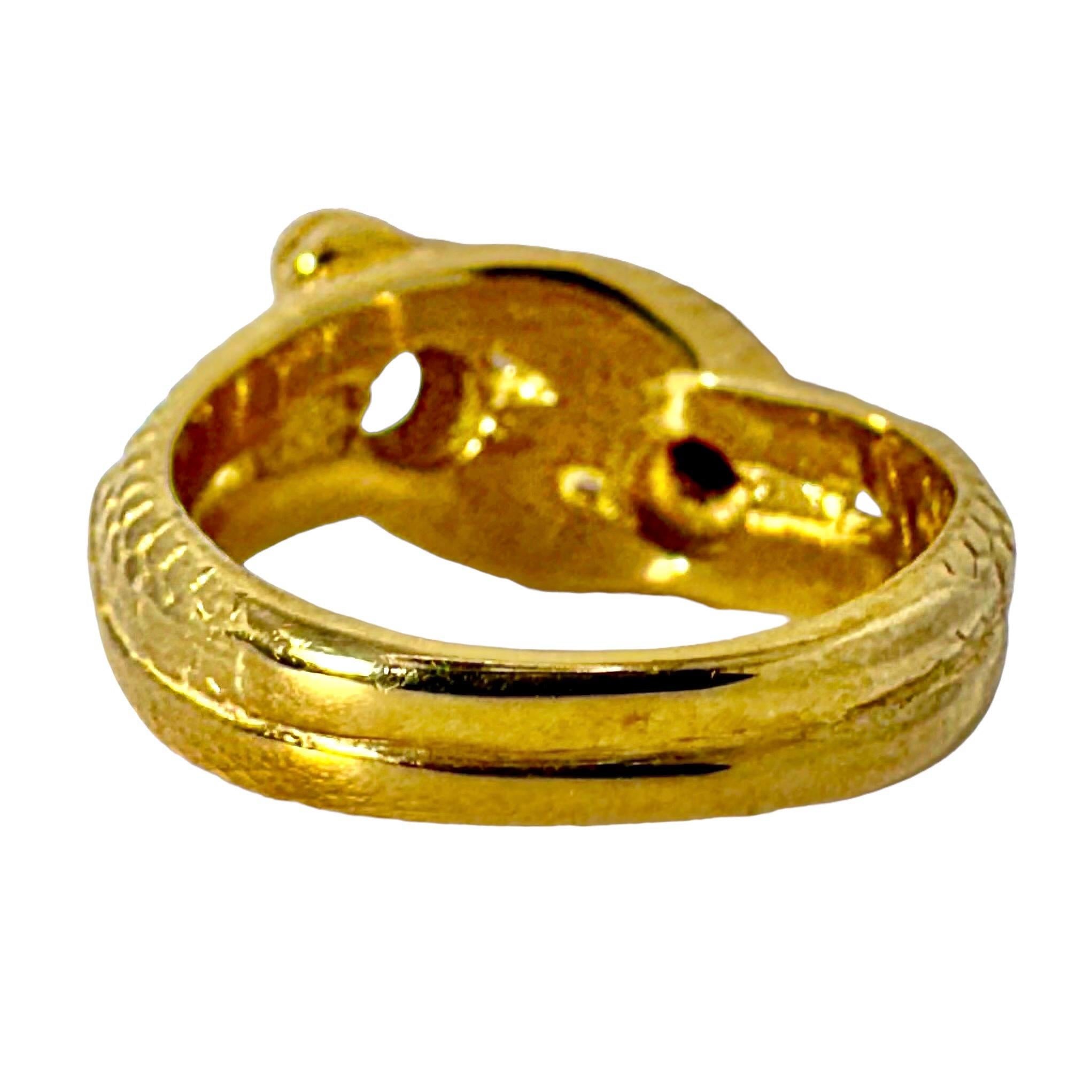 14K Yellow Gold Double Snake Ring with 1 Diamond and 1 Ruby Inset Into ...