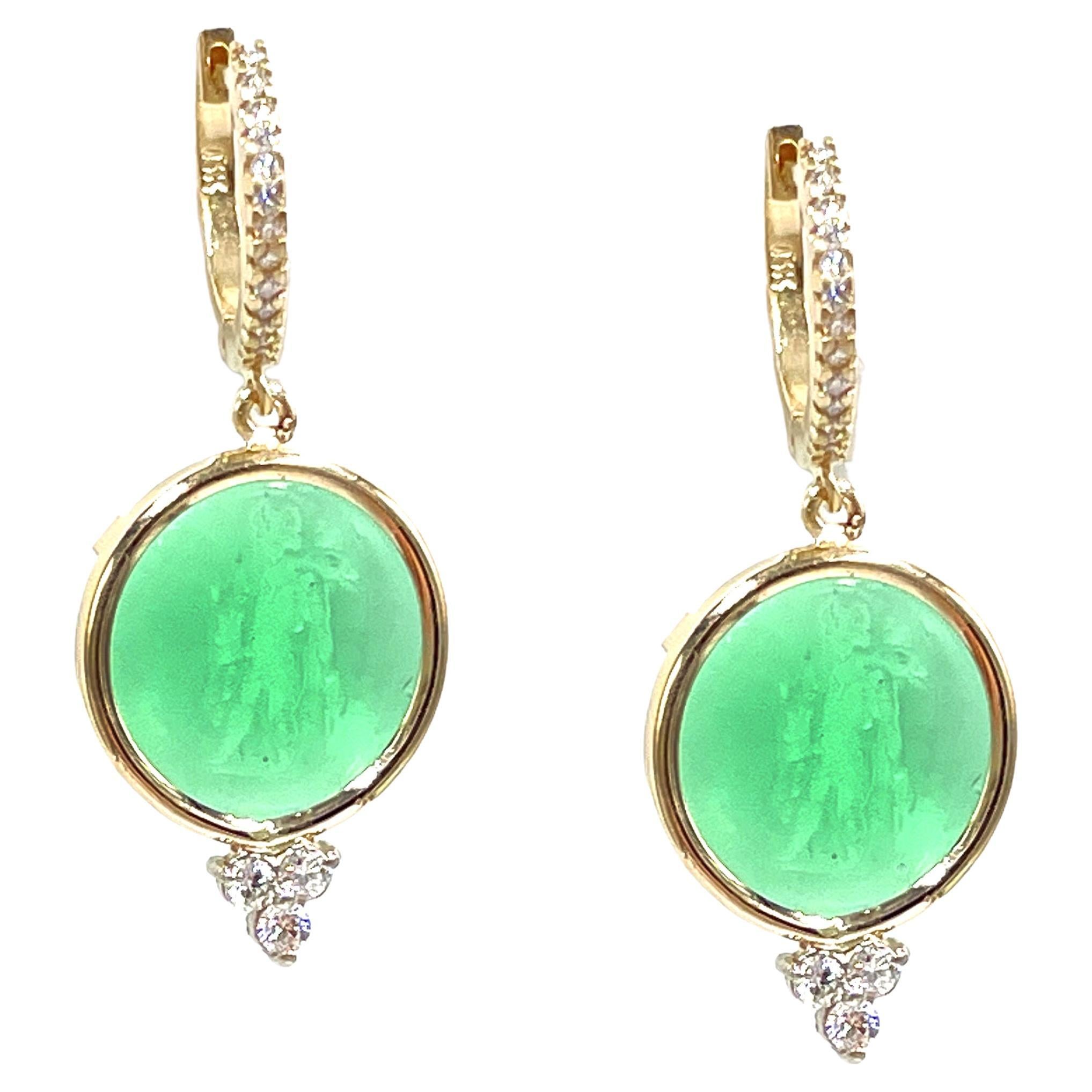 14K Yellow Gold Drop Earrings with Vintage Green Venetian Class and ...
