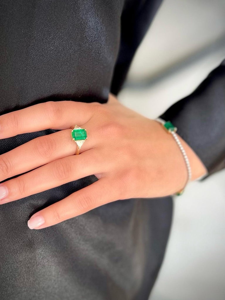 Customizable 14K Yellow Gold, Emerald Cut Emerald w/ Trillion Diamond ...