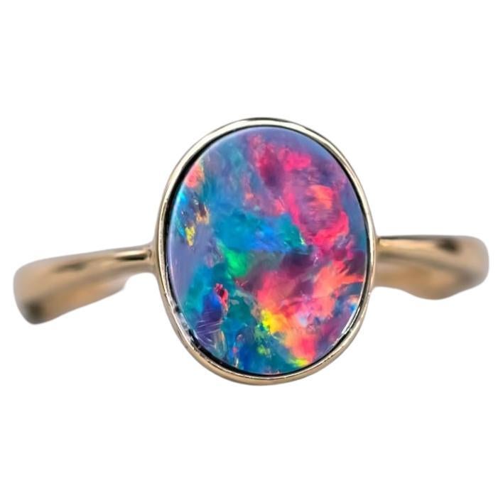 Oval Shaped Australian Doublet Opal Halo Diamond Ring 14k Yellow Gold ...