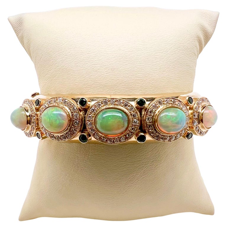 14k Yellow Gold Ethiopian Opal, Tsavorite and Diamond Handmade Bangle ...