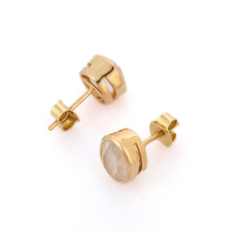14K Yellow Gold Everyday Wear Tiny Oval Faceted Moonstone Bezel Set Studs For Sale at 1stDibs