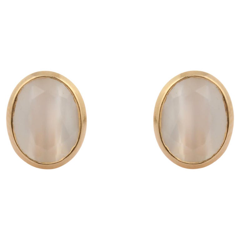 14K Yellow Gold Everyday Wear Tiny Oval Faceted Moonstone Bezel Set Studs For Sale at 1stDibs