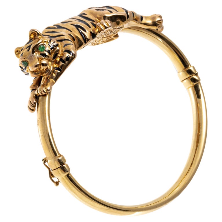 14k Yellow Gold Fabulous Figural Black Enamel Tiger Hinged Bangle ...