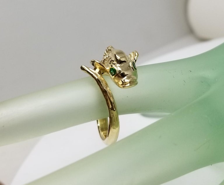 14 Karat Yellow Gold "Fish" Ring with Emerald Eyes For Sale at 1stDibs