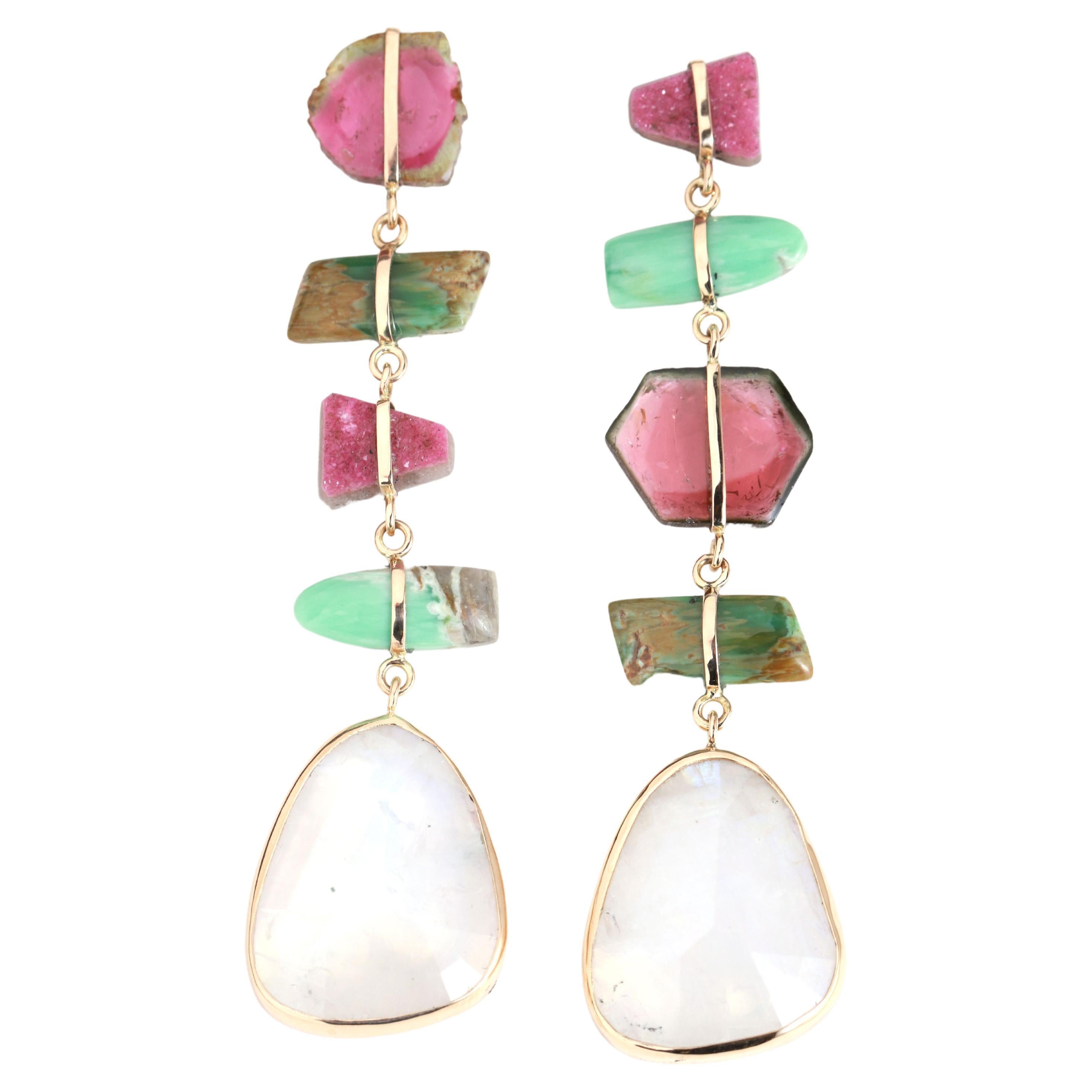 Art Deco Style Multi Five Gemstone Drop Earrings in 14K Yellow Gold For ...