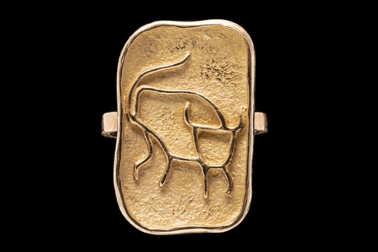 14k Yellow Gold Free Form Rectangular Line Drawn Taurus Ring For Sale ...