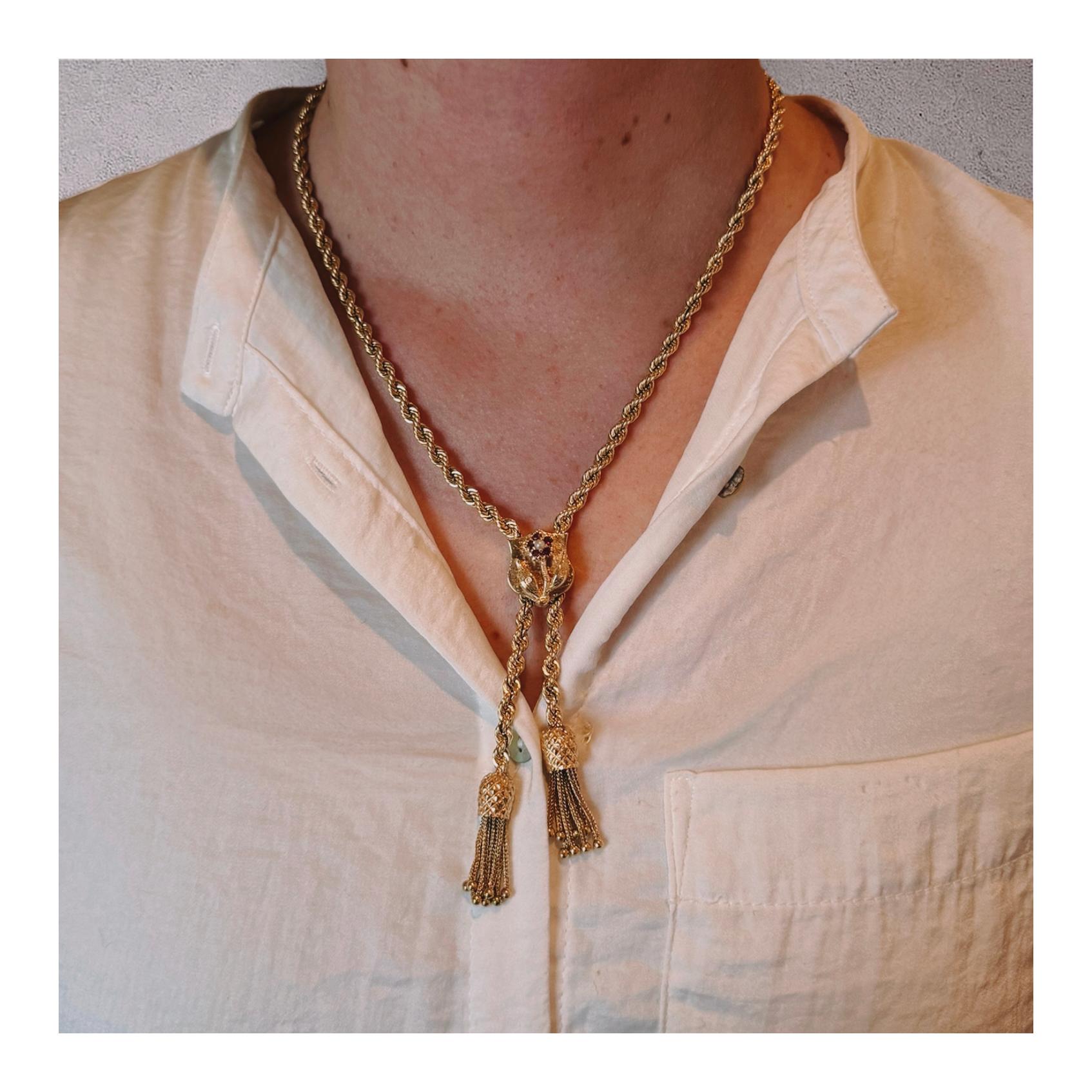 14K Yellow Gold Garnet and Pearl Lariat Chain Necklace For Sale at 1stDibs