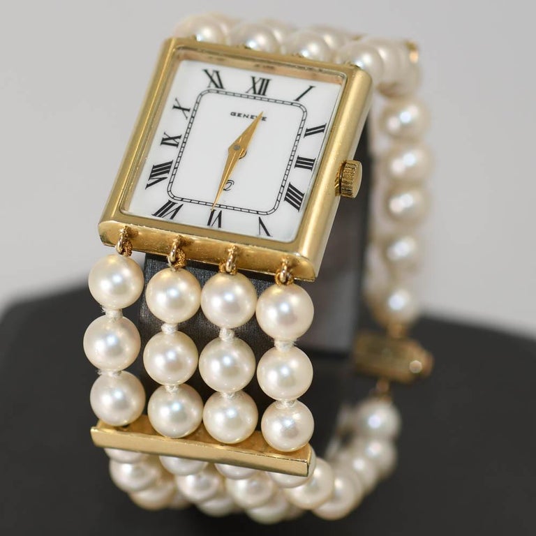 14K Yellow Gold Geneve Quartz Pearl Watch, 42gr For Sale at 1stDibs