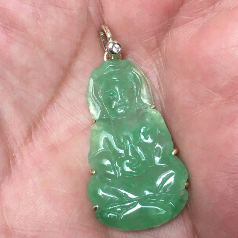14k Yellow Gold Green Jadeite Jade Charm Pendant Hallmarked Diamond ...