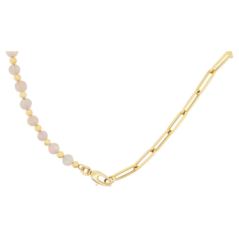 14K Yellow Gold Half Paper Clip Chain Half Opal Beaded Double Bracelet ...