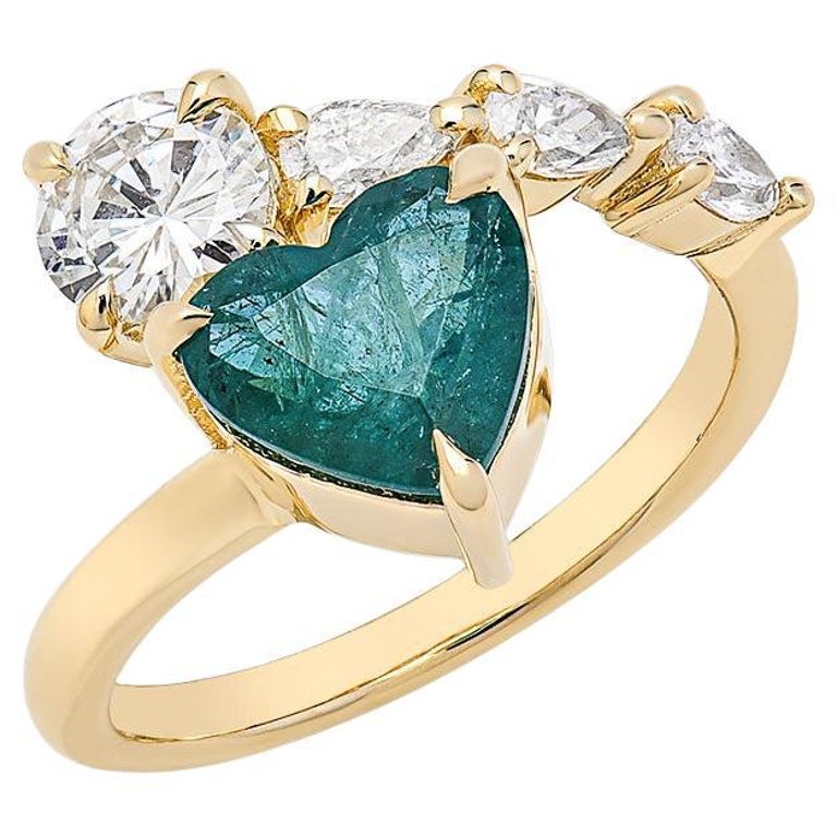 Customizable 14K Yellow Gold Heart Shape Emerald Center W/ Round and ...