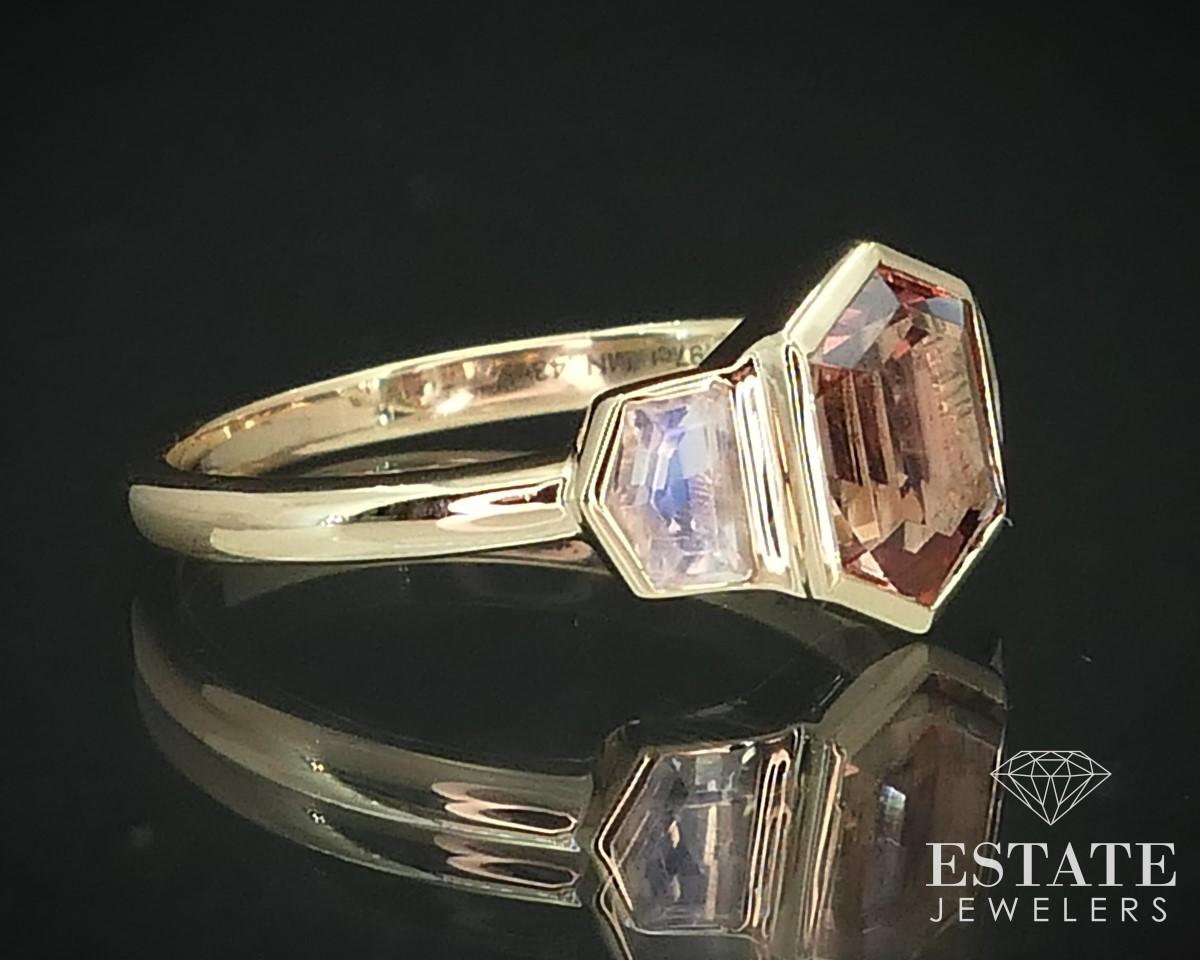 14k Yellow Gold Hexagon Natural Sunstone and Moonstone Ladies Ring 2.8g ...