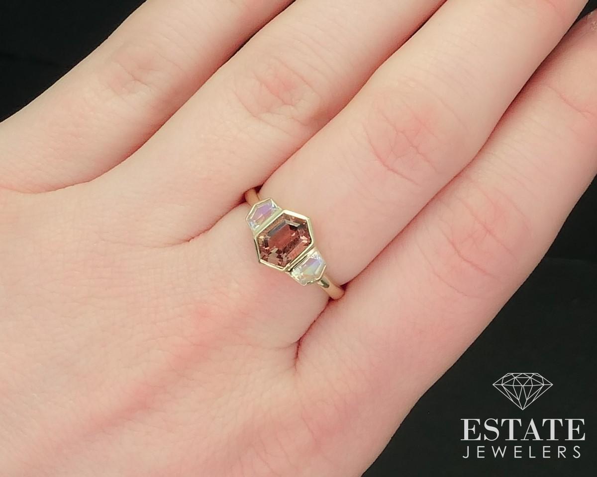 14k Yellow Gold Hexagon Natural Sunstone and Moonstone Ladies Ring 2.8g ...
