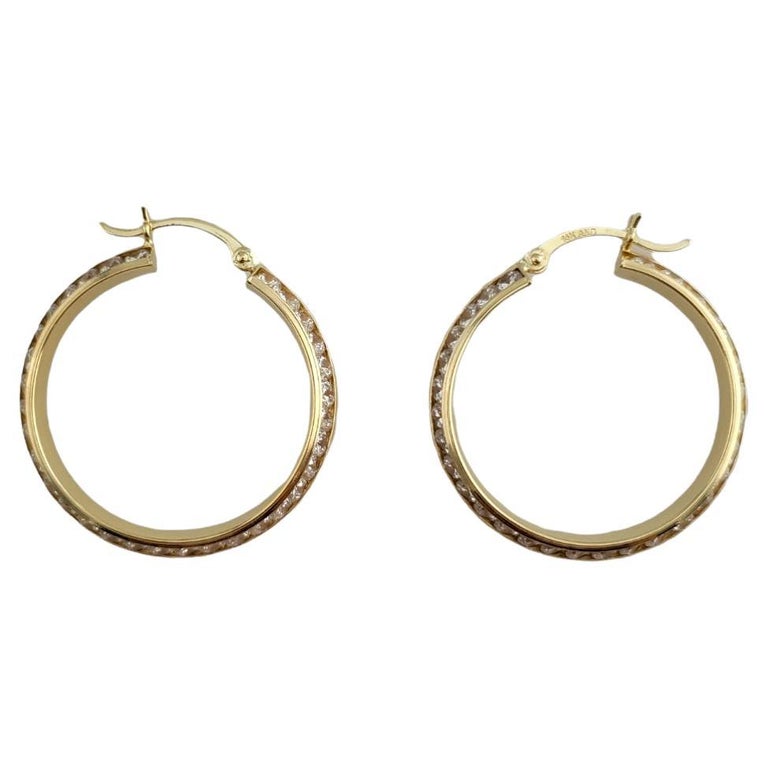 14K Yellow Gold Hoops with Clear Stone For Sale at 1stDibs