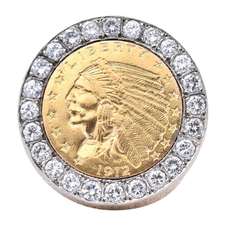 14 Karat Yellow Gold Indian $2.50 Coin Diamond Bezel Set Ring at ...