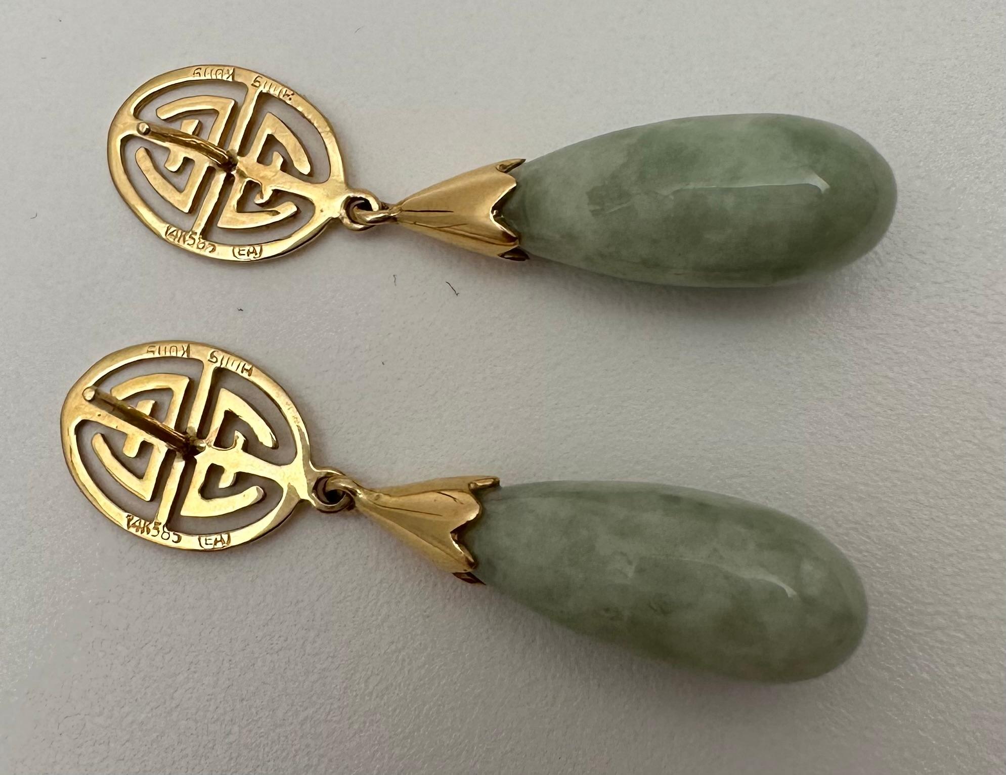 14k Yellow Gold Jade Drop 1 5/8" Earrings For Sale at 1stDibs