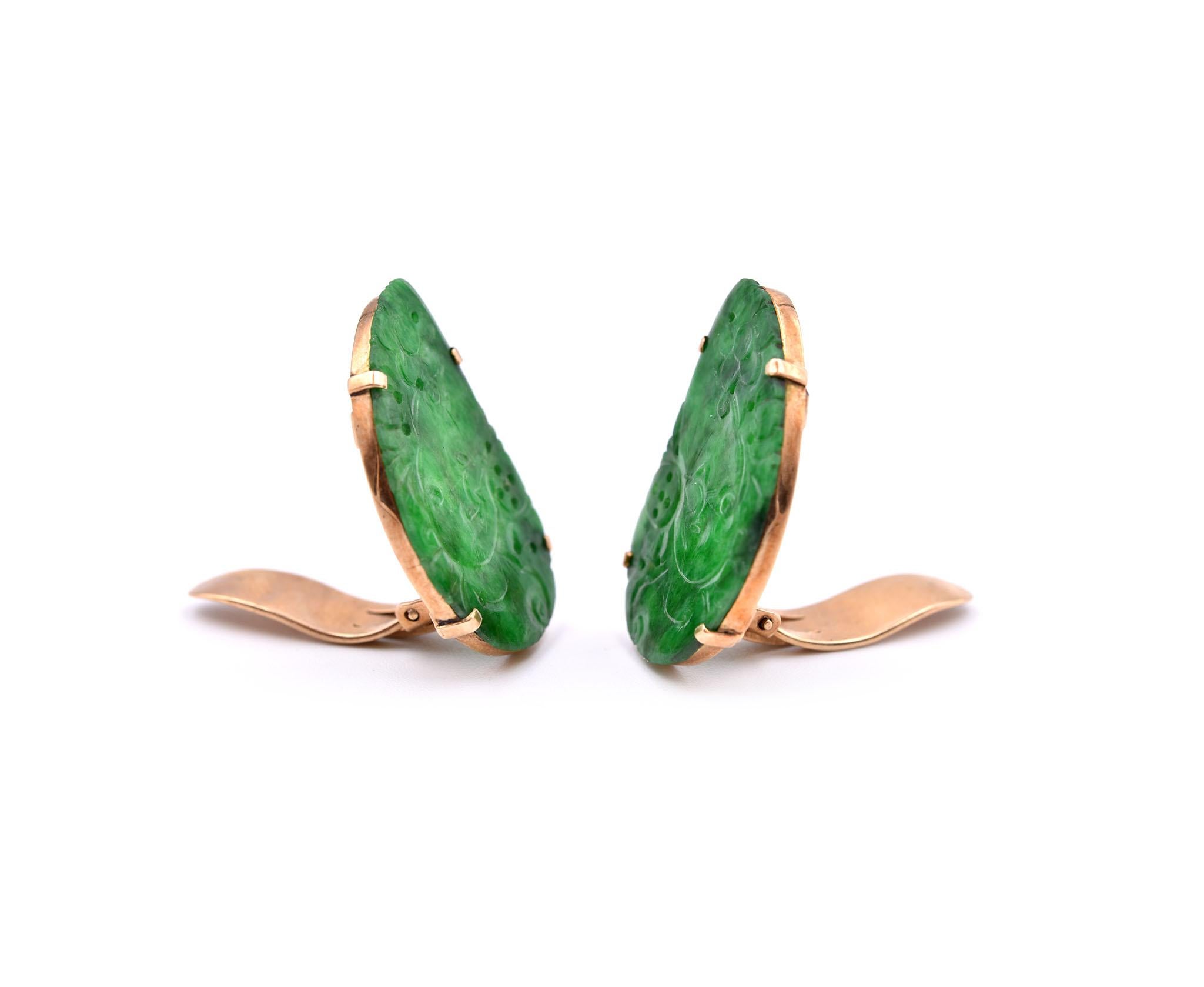 14 Karat Yellow Gold Jade Floral Design Earrings at 1stDibs