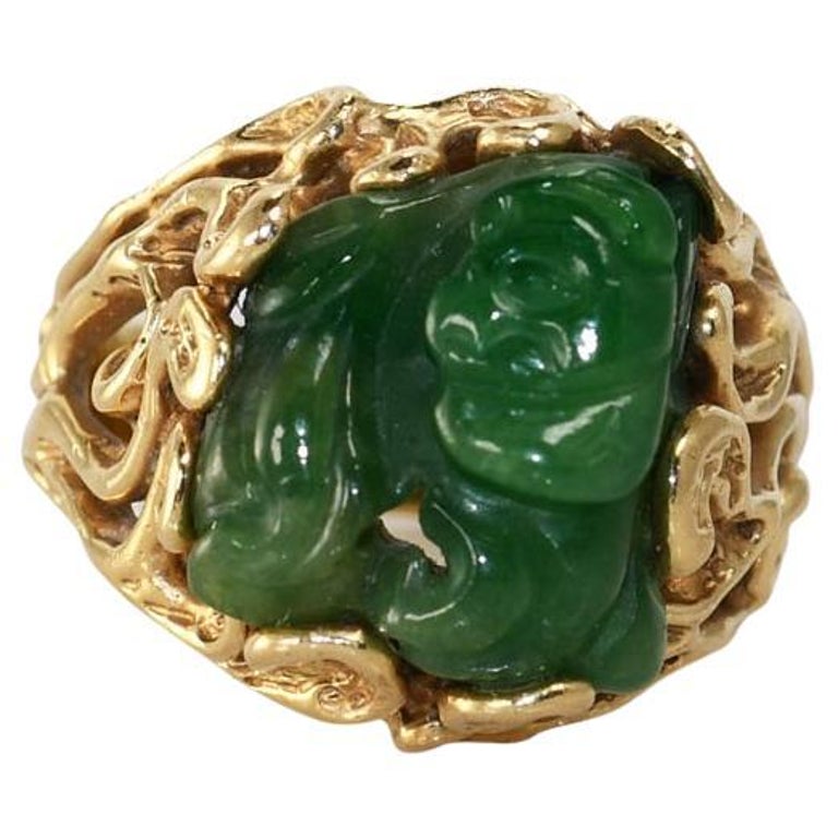 14K Yellow Gold Jade Ring, 11.6g For Sale at 1stDibs