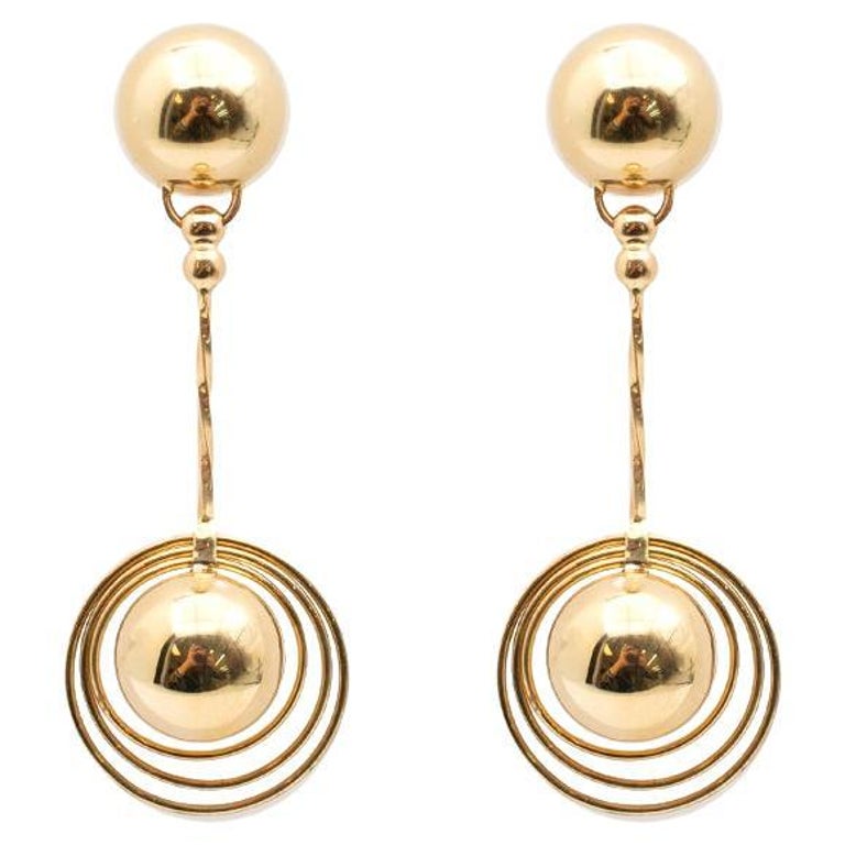 14K Yellow Gold Ladies Stud Ball Dangle Earrings For Sale at 1stDibs
