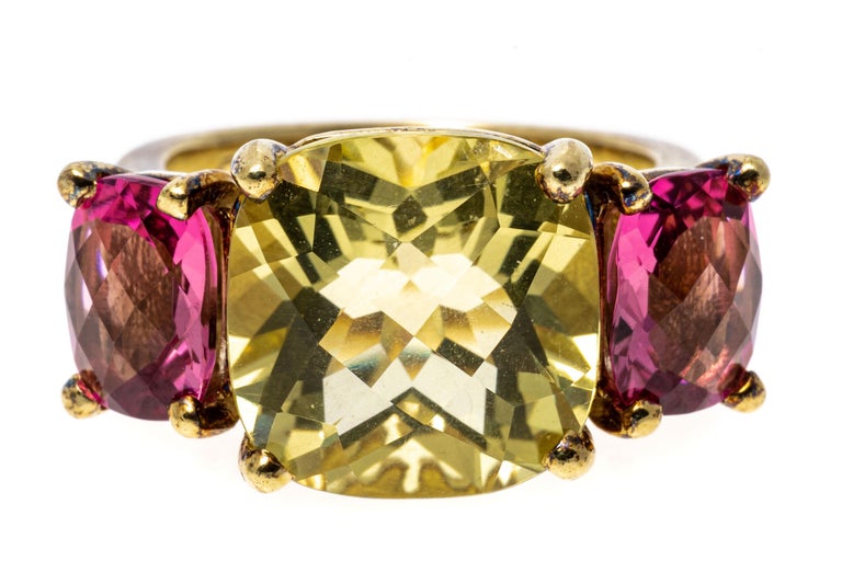 14k Yellow Gold Lemon Citrine and Pink Tourmaline Three Stone Ring For ...