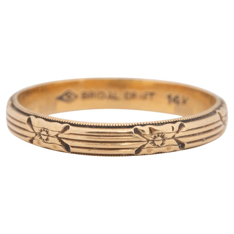14K Yellow Gold Line/Floral Design Vintage Stackable Wedding Band ...