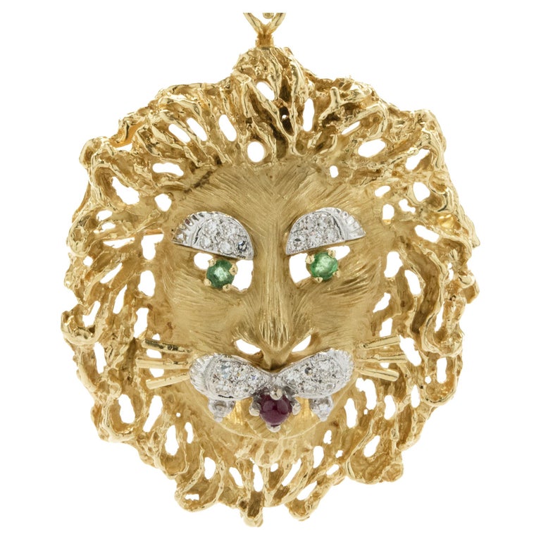 14k Yellow Gold Link Chain Necklace, 18k Yellow Gold Diamond Lion ...