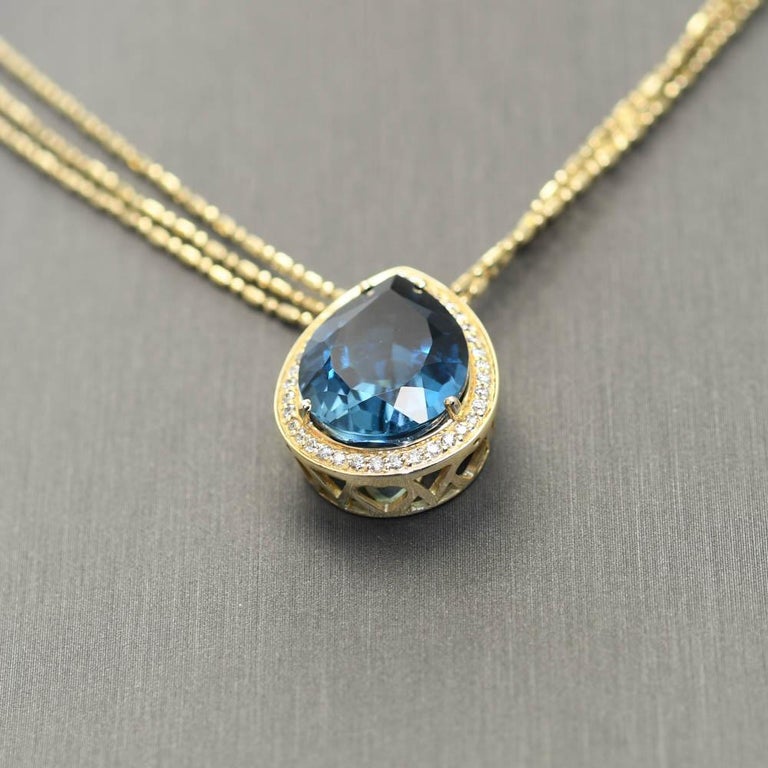 14k Yellow Gold London Blue Topaz Pendant Triple Beaded Chain, 10ct For ...