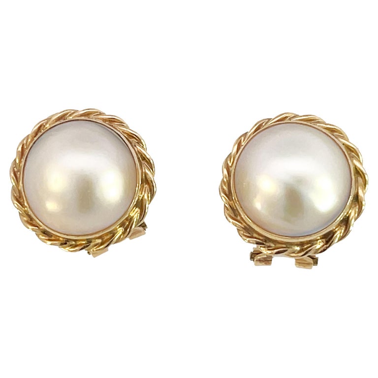 14K Yellow Gold Mabe Pearl Lever-Back Earrings For Sale at 1stDibs